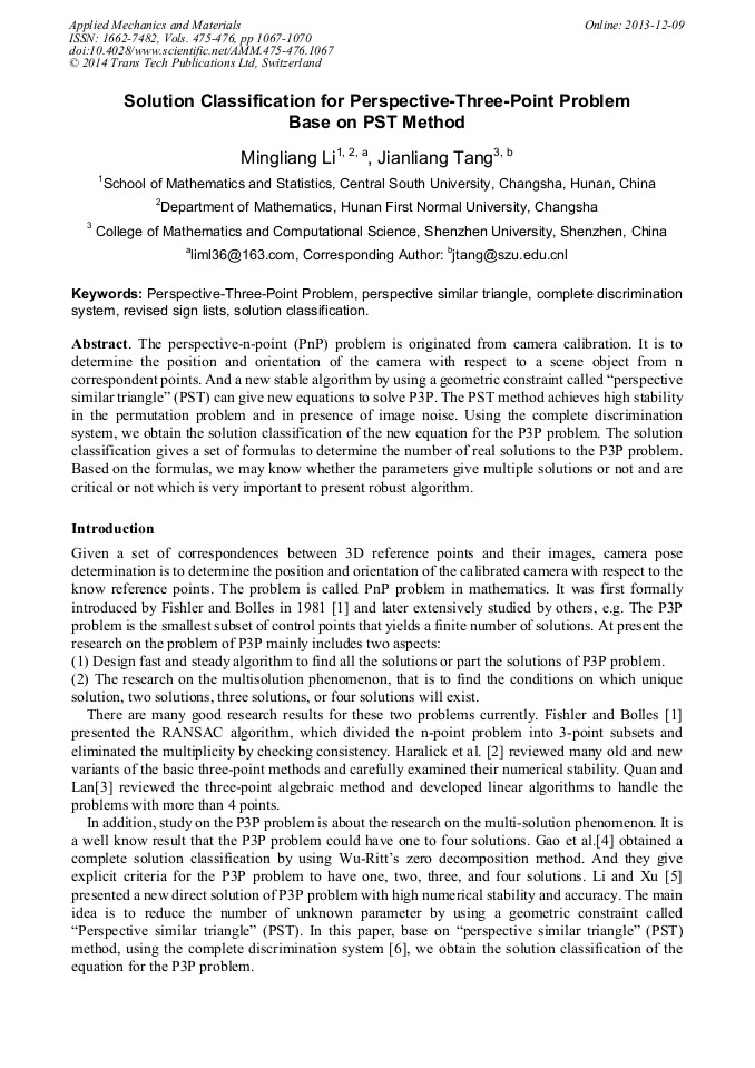 Solution Classification for Perspective-Three-Point Problem Base on PST ...
