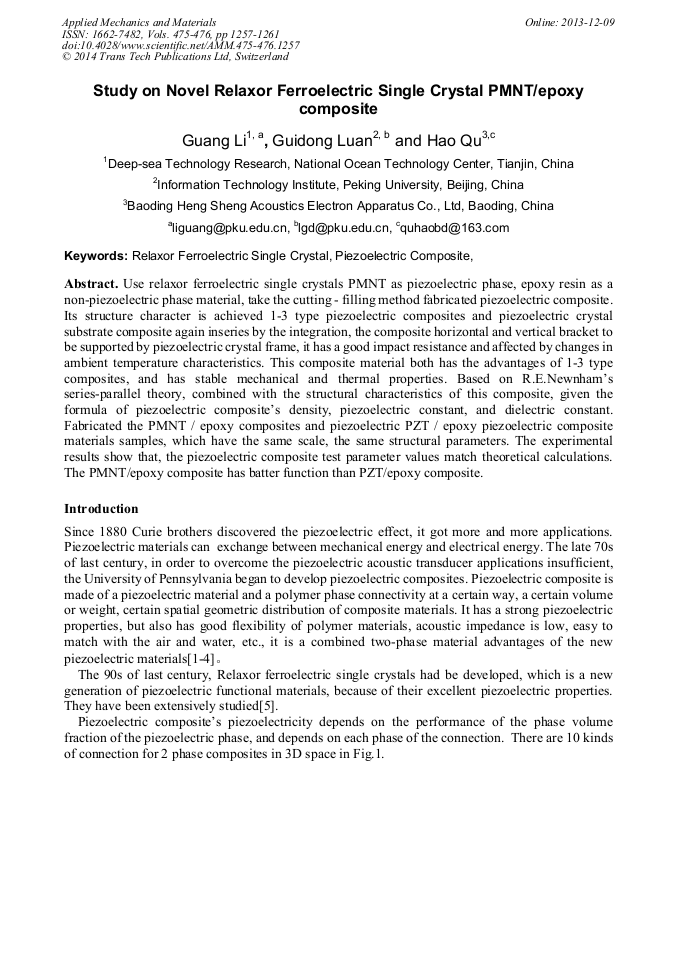 Study on Novel Relaxor Ferroelectric Single Crystal PMNT/Epoxy ...