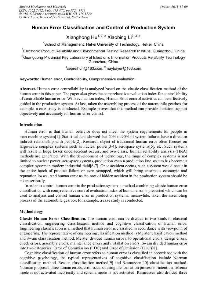 Human Error Classification and Control of Production System | Scientific.Net