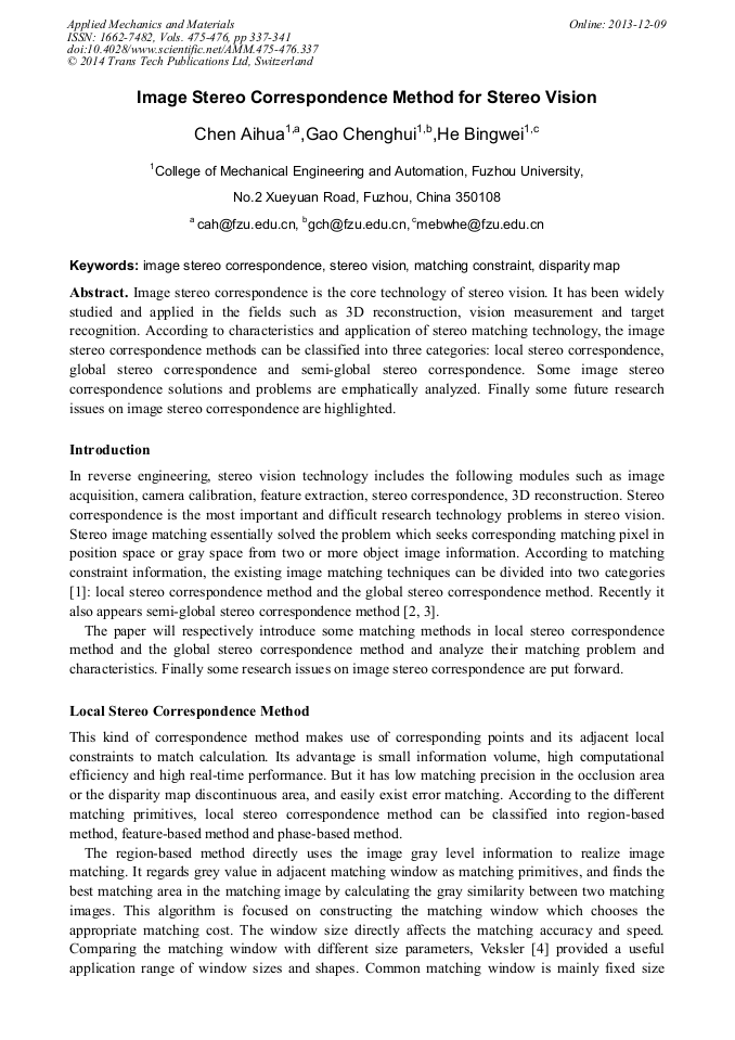 Image Stereo Correspondence Method for Stereo Vision | Scientific.Net