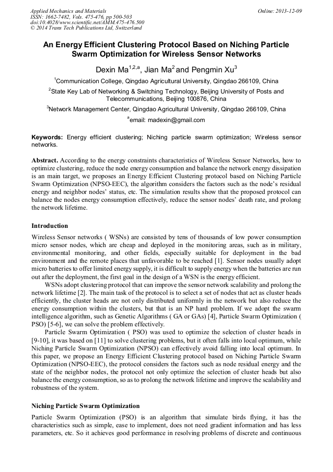 An Energy Efficient Clustering Protocol Based on Niching Particle Swarm Optimization for ...