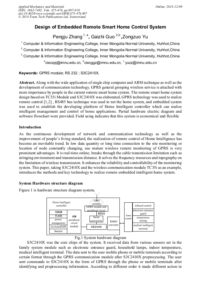 Design of Embedded Romote Smart Home Control System | Scientific.Net