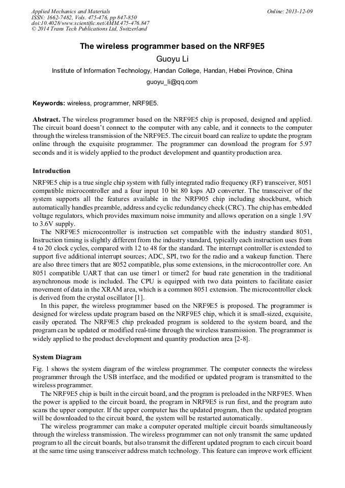 The Wireless Programmer Based on the NRF9E5 | Scientific.Net