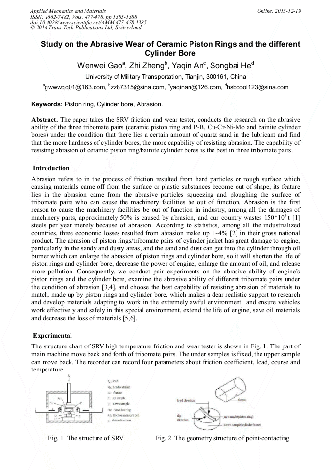Study on the Abrasive Wear of Ceramic Piston Rings and the Different ...