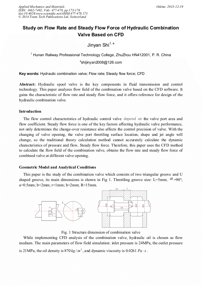 Study on Flow Rate and Steady Flow Force of Hydraulic Combination Valve ...