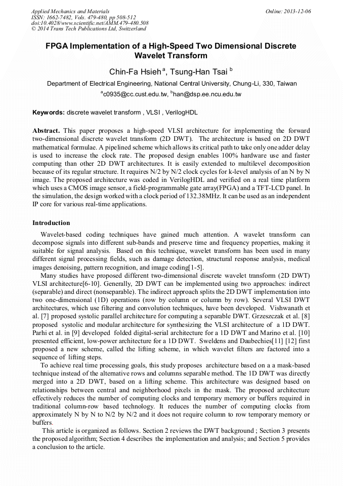 FPGA Implementation of a High-Speed Two Dimensional Discrete Wavelet Transform | Scientific.Net