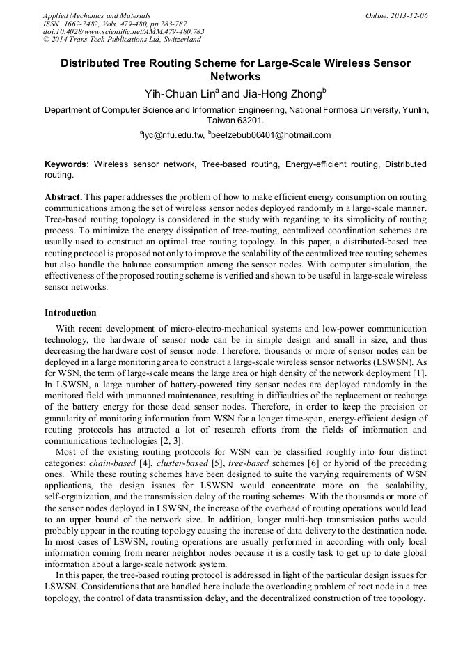 Distributed Tree Routing Scheme for Large-Scale Wireless Sensor Networks | Scientific.Net