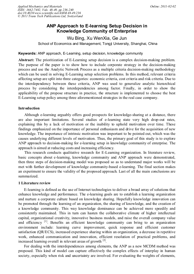 ANP Approach to E-Learning Setup Decision in Knowledge Community of ...