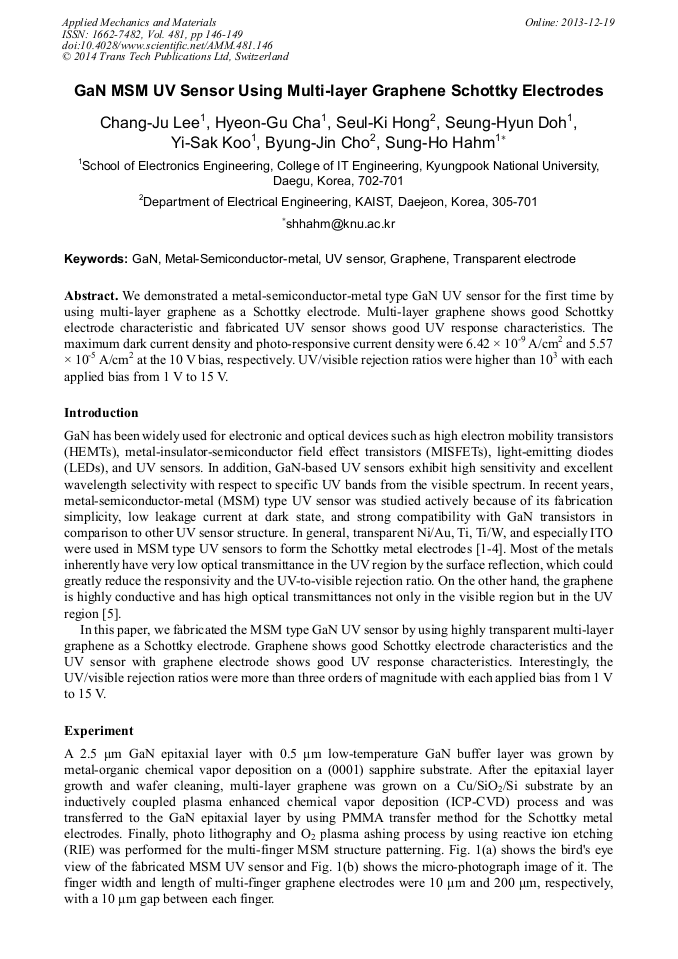 GaN MSM UV Sensor Using Multi-Layer Graphene Schottky Electrodes ...