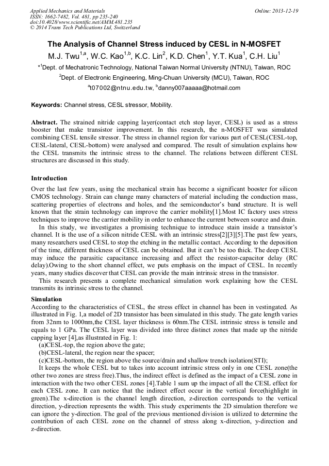 The Analysis of Channel Stress Induced by CESL in N-MOSFET | Scientific.Net