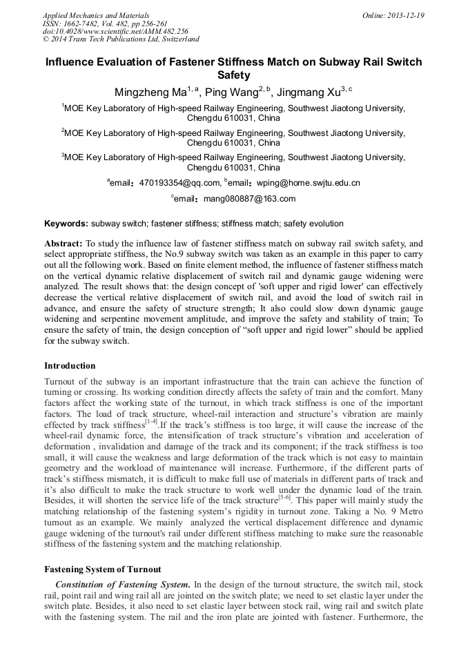 Influence Evaluation of Fastener Stiffness Match on Subway Rail Switch ...