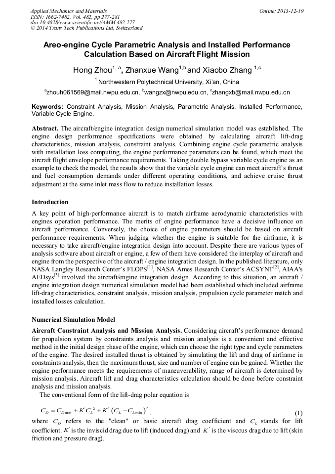 Areo-Engine Cycle Parametric Analysis and Installed Performance ...
