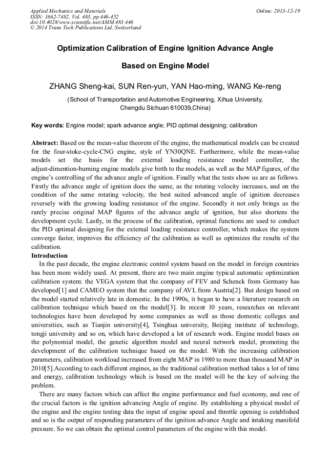 Optimization Calibration of Engine Ignition Advance Angle Based on ...
