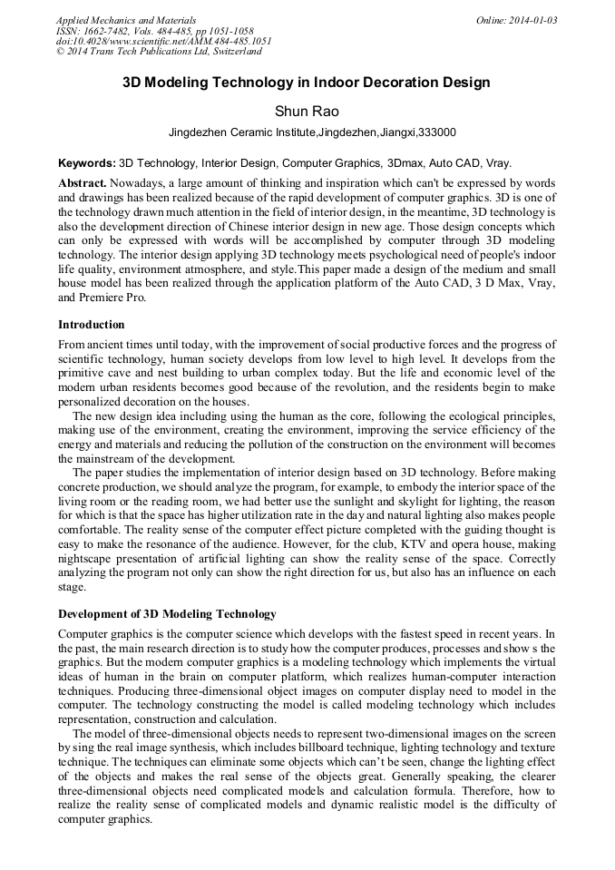 3D Modeling Technology in Indoor Decoration Design | Scientific.Net
