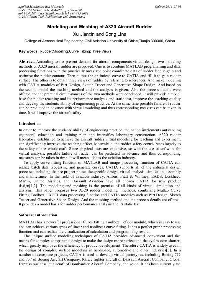 Modeling and Meshing of A320 Aircraft Rudder | Scientific.Net