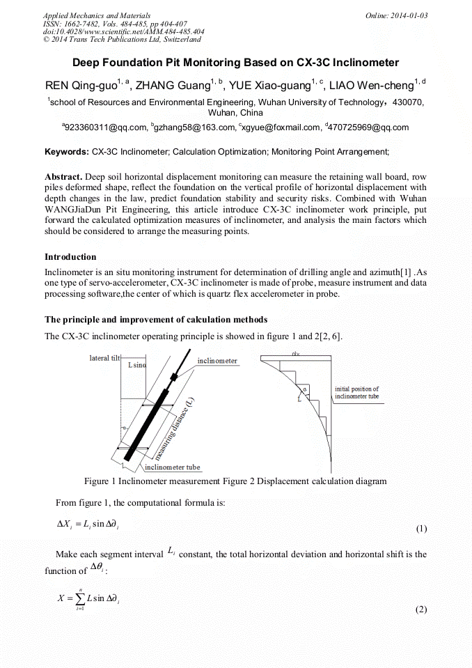 Deep Foundation Pit Monitoring Based on CX-3C Inclinometer | Scientific.Net