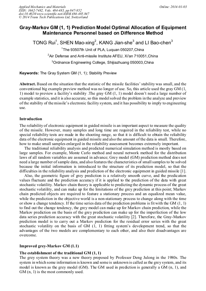 Gray-Markov GM (1, 1) Prediction Model Optimal Allocation of Equipment ...