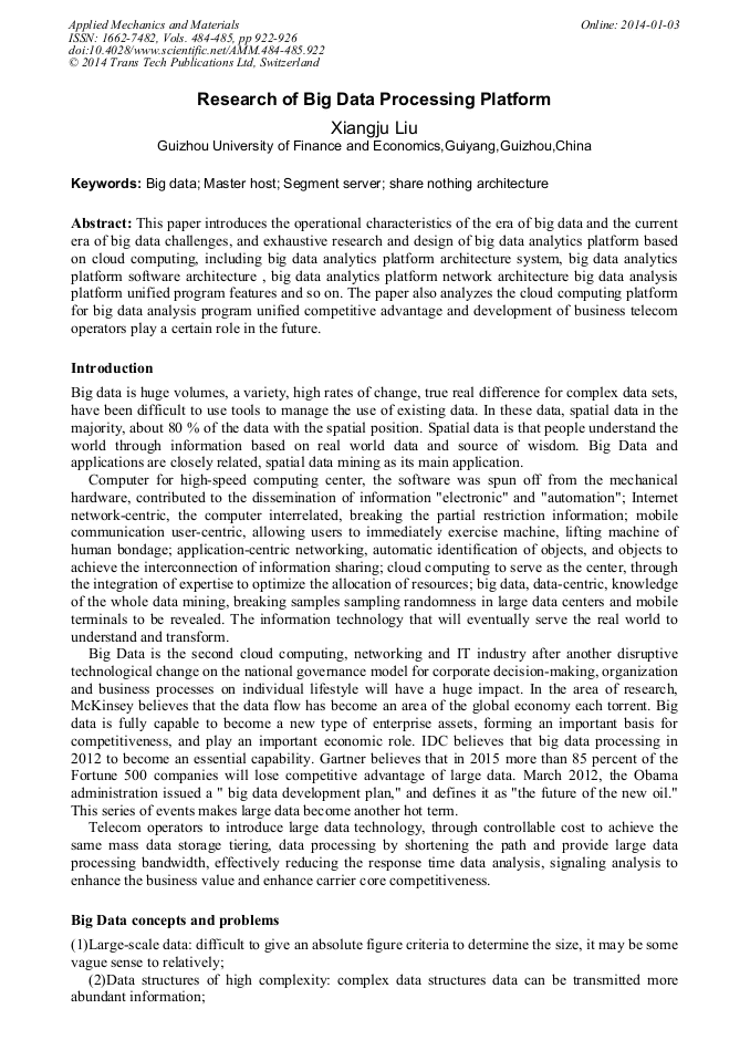 Research of Big Data Processing Platform | Scientific.Net