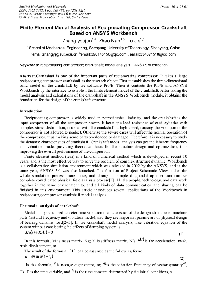 Finite Element Modal Analysis of Reciprocating Compressor Crankshaft ...