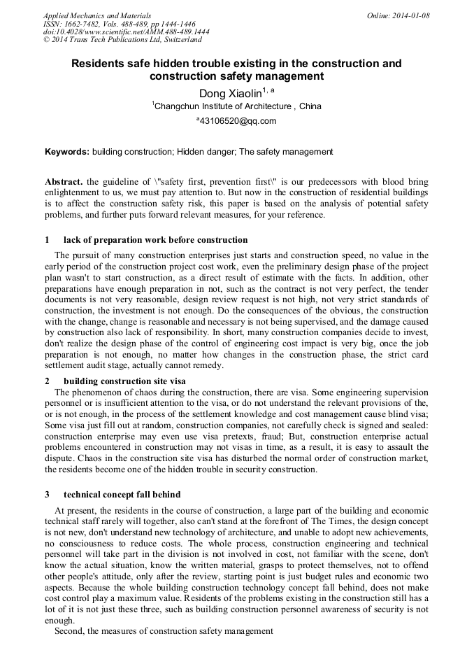 Residents Safe Hidden Trouble Existing in the Construction and ...