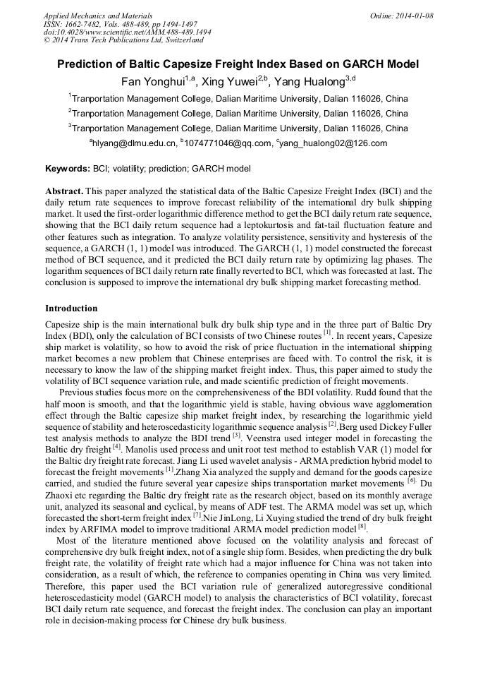 Prediction of Baltic Capesize Freight Index Based on GARCH Model ...