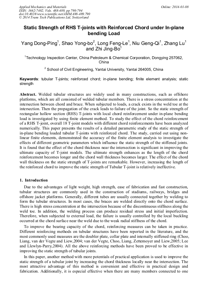 Static Strength of RHS T-Joints with Reinforced Chord under In-Plane ...
