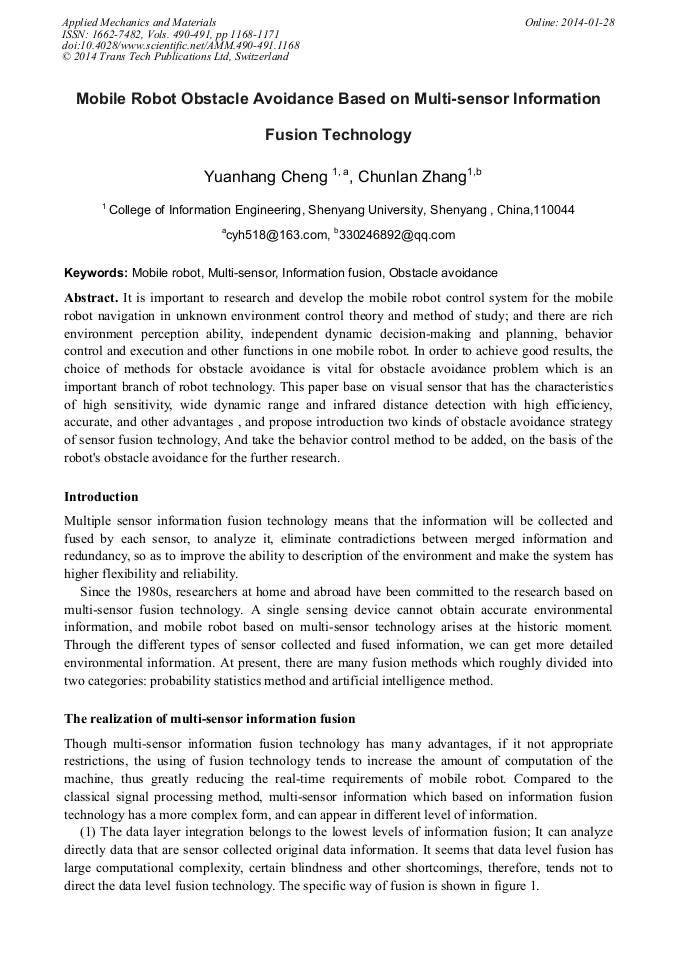 Mobile Robot Obstacle Avoidance Based on Multi-Sensor Information Fusion Technology | Scientific.Net
