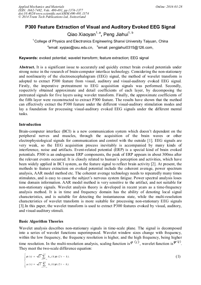 P300 Feature Extraction of Visual and Auditory Evoked EEG Signal | Scientific.Net