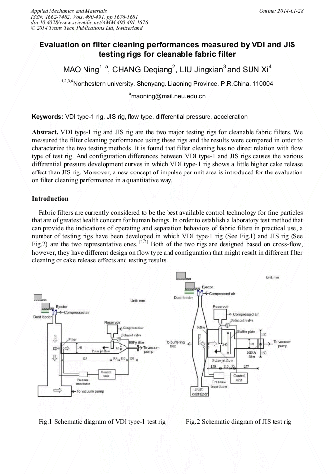 Evaluation on Filter Cleaning Performances Measured by VDI and JIS ...