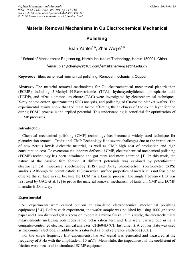 Material Removal Mechanisms in Cu Electrochemical Mechanical Polishing | Scientific.Net