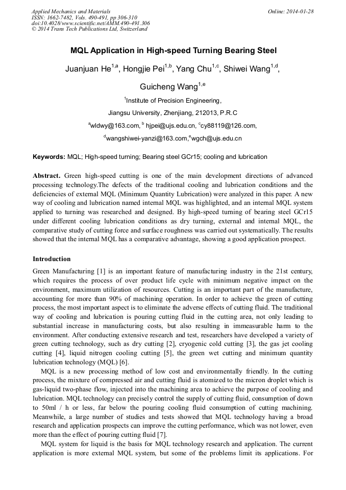MQL Application in High-Speed Turning Bearing Steel | Scientific.Net