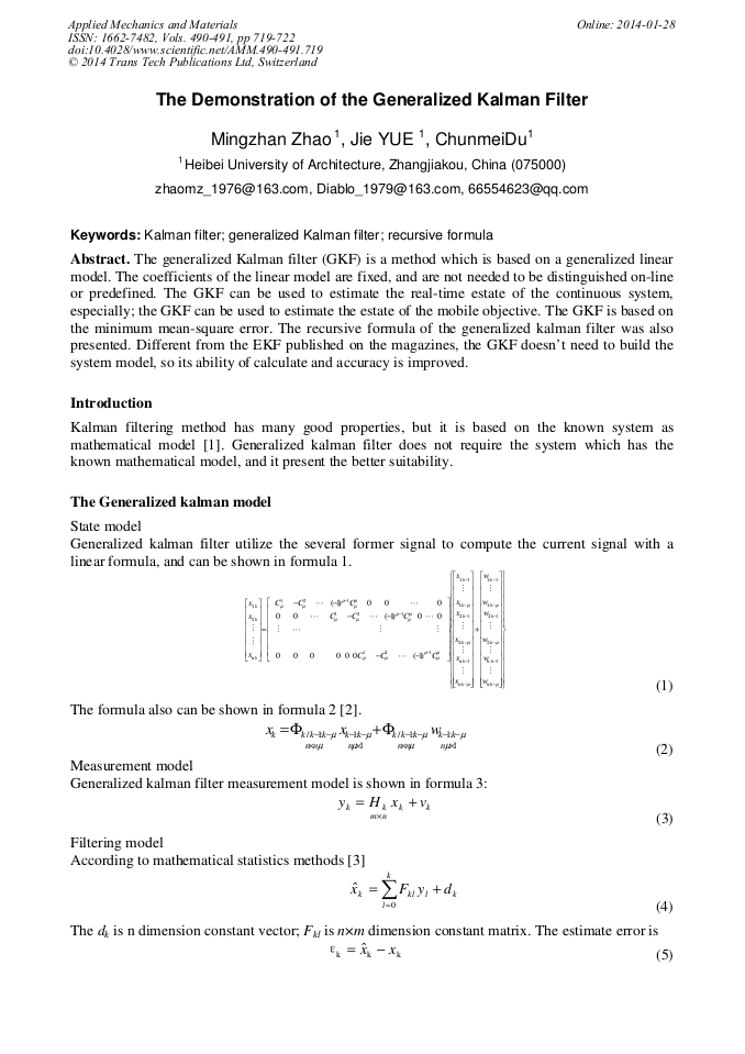 The Demonstration of the Generalized Kalman Filter | Scientific.Net