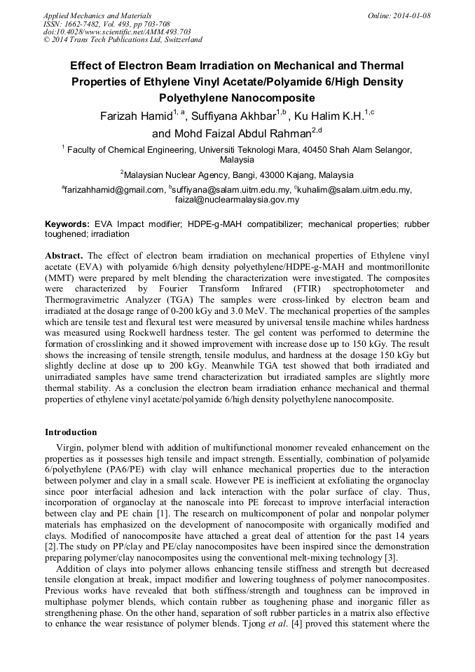 Effect of Electron Beam Irradiation on Mechanical and Thermal Properties of Ethylene Vinyl ...