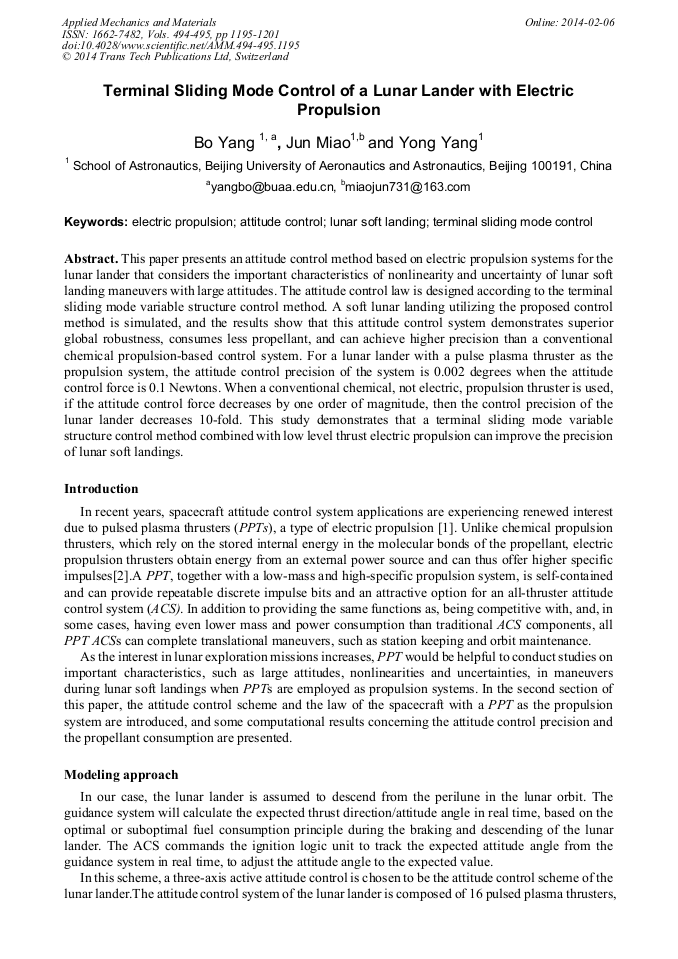 Terminal Sliding Mode Control of a Lunar Lander with Electric ...