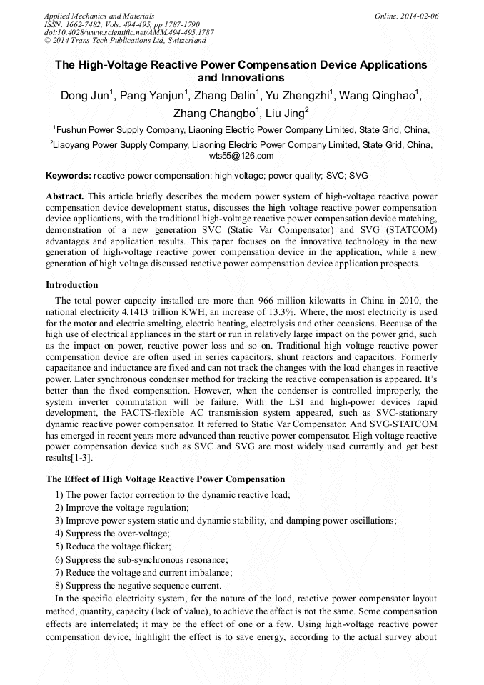 The High-Voltage Reactive Power Compensation Device Applications and ...