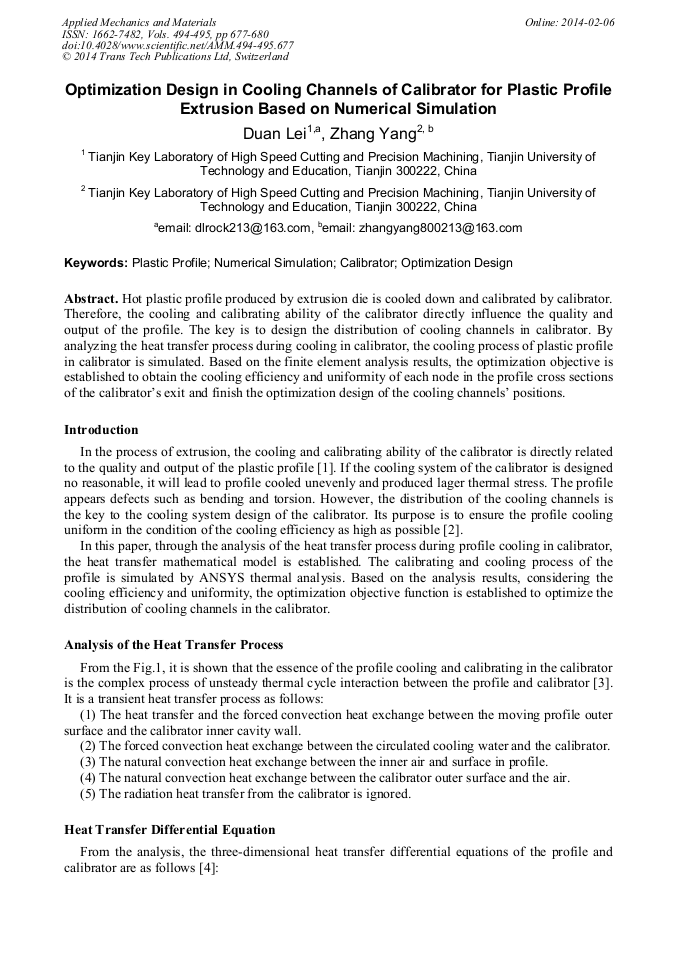 Optimization Design in Cooling Channels of Calibrator for Plastic ...
