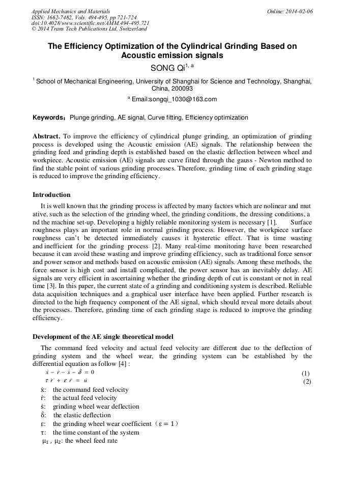 The Efficiency Optimization of the Cylindrical Grinding Based on Acoustic Emission Signals ...