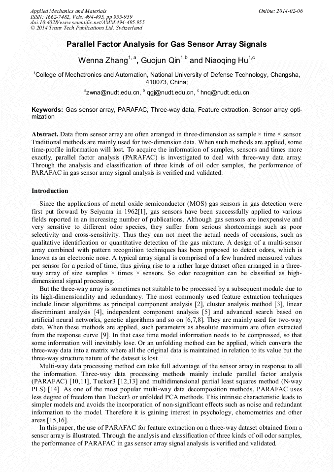 Parallel Factor Analysis for Gas Sensor Array Signals | Scientific.Net