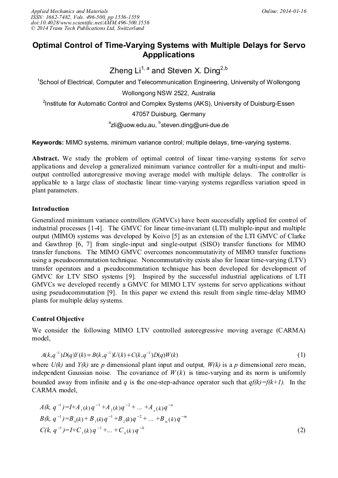 Optimal Control of Time-Varying Systems with Multiple Delays for Servo ...