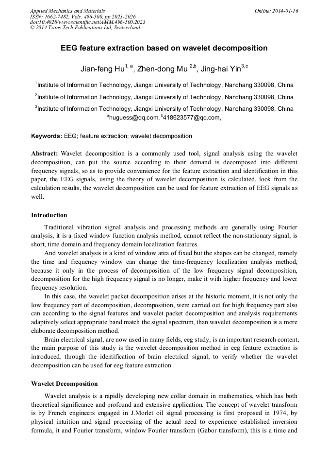 EEG Feature Extraction Based on Wavelet Decomposition | Scientific.Net