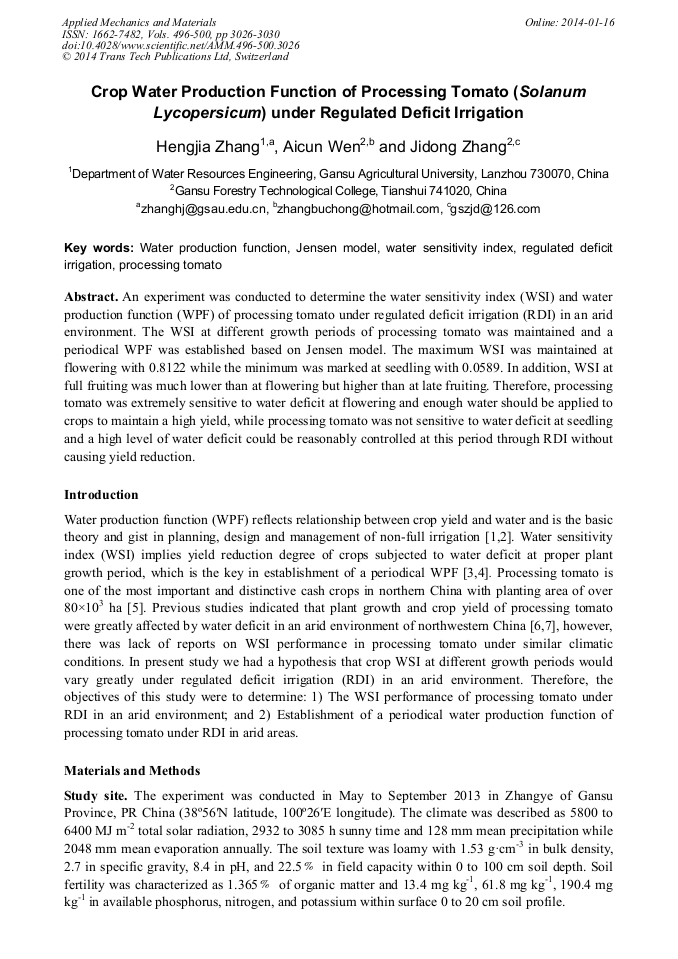 Crop Water Production Function of Processing Tomato (Solanum ...