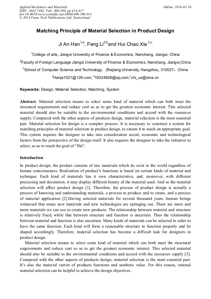 Matching Principle of Material Selection in Product Design | Scientific.Net