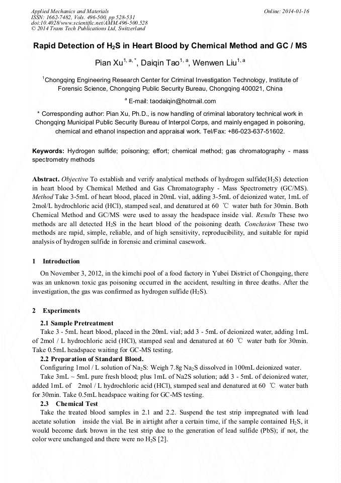 Rapid Detection of H2S in Heart Blood by Chemical Method and GC / MS ...