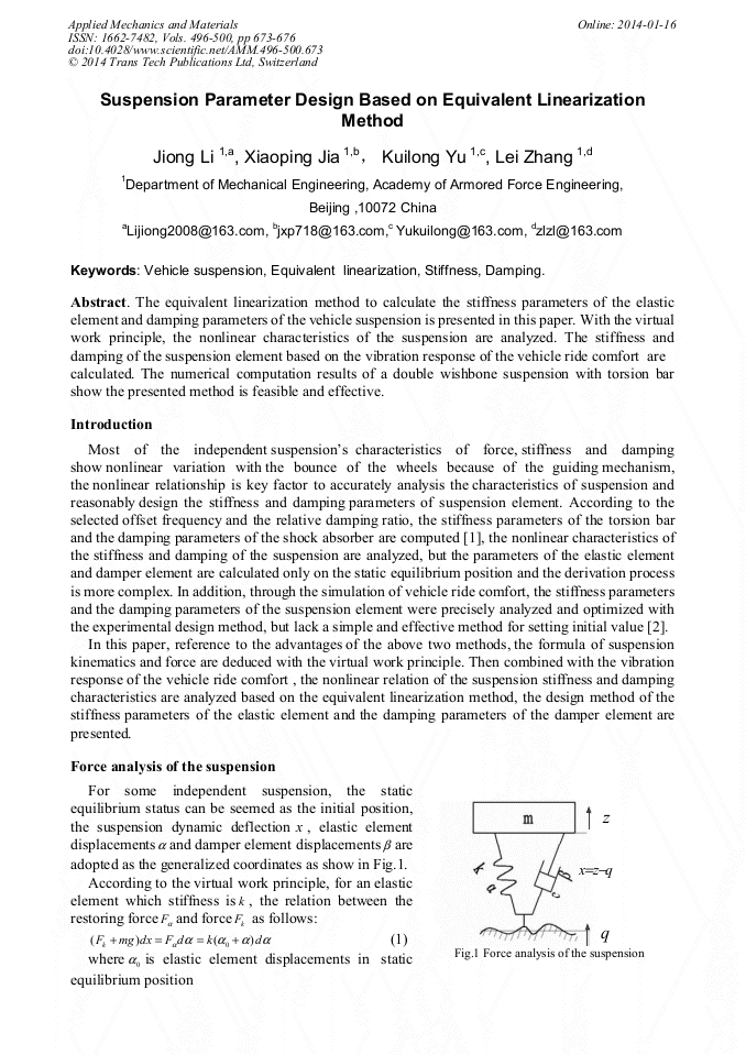 Suspension Parameter Design Based on Equivalent Linearization Method | Scientific.Net
