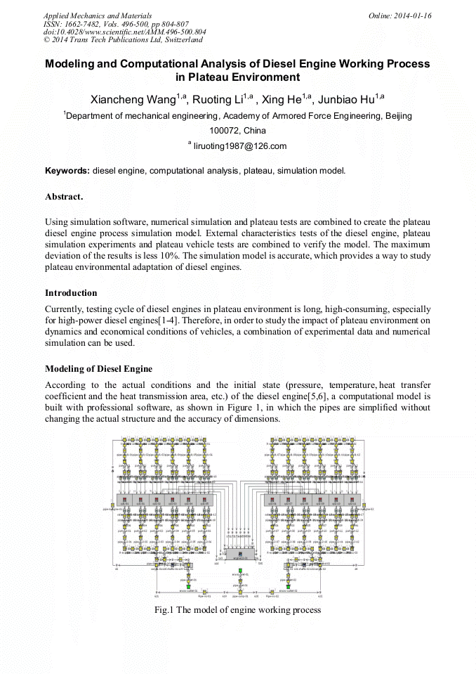Modeling and Computational Analysis of Diesel Engine Working Process in ...
