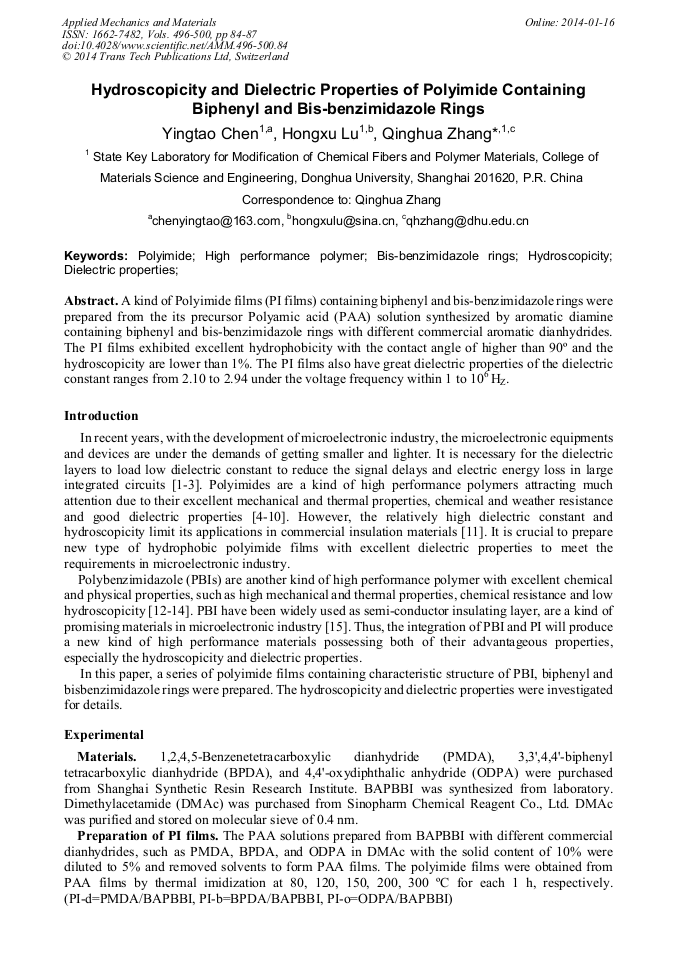 Hydroscopicity and Dielectric Properties of Polyimide Containing ...