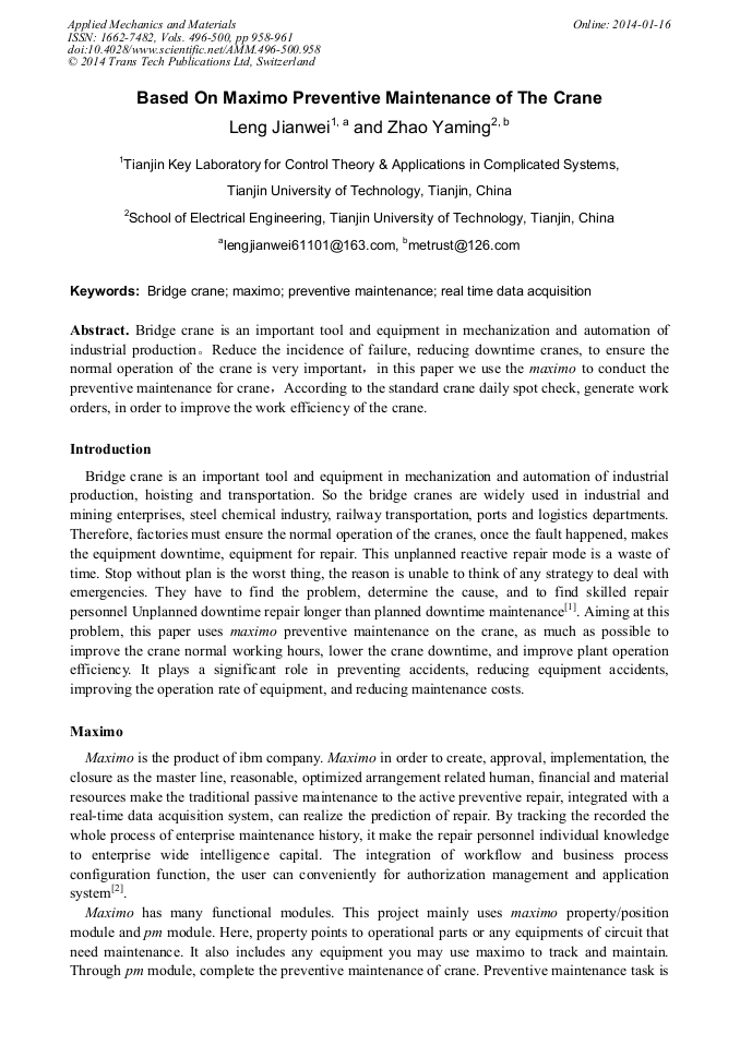 Based on Maximo Preventive Maintenance of the Crane | Scientific.Net
