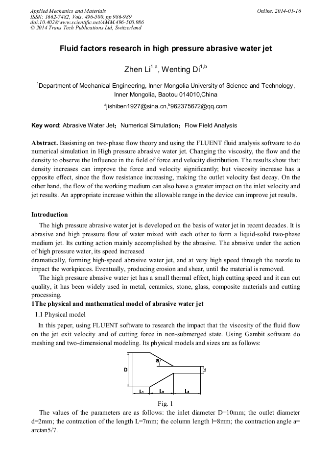 Fluid Factors Research in High Pressure Abrasive Water Jet | Scientific.Net