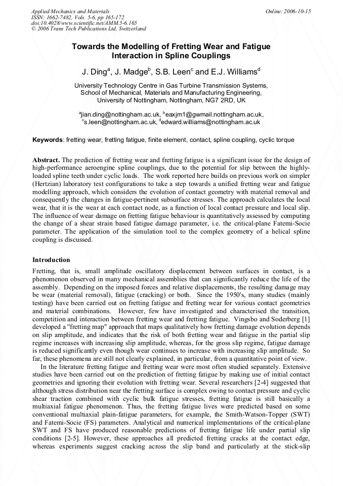 Towards the Modelling of Fretting Wear and Fatigue Interaction in ...