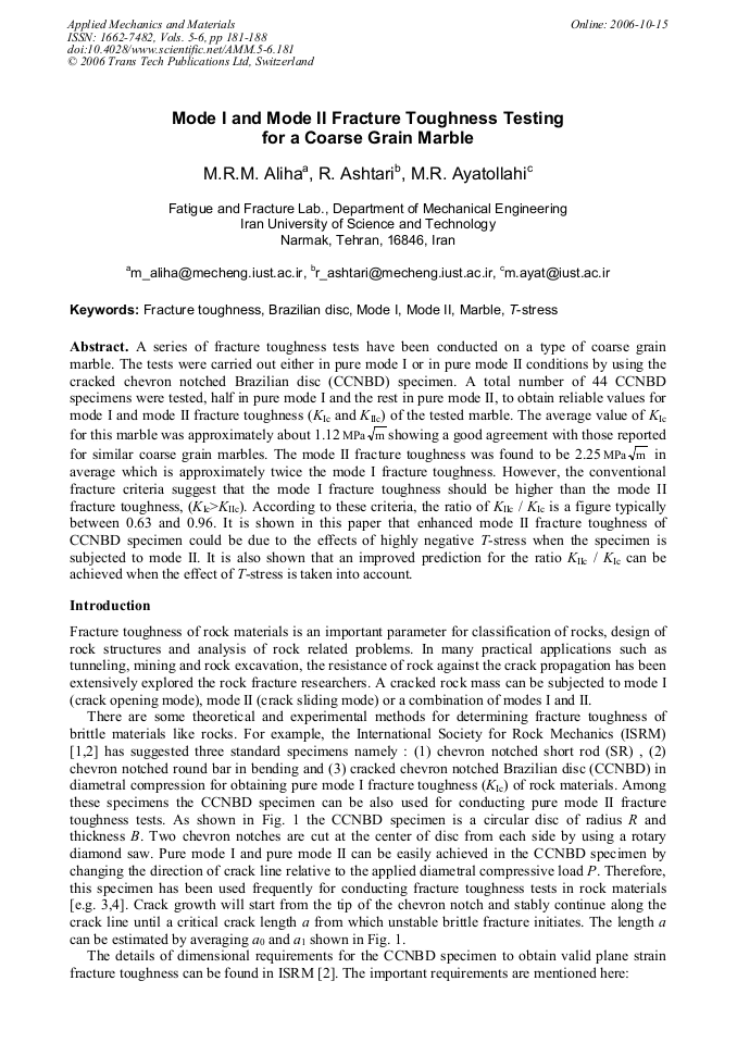 Mode I and Mode II Fracture Toughness Testing for a Coarse Grain Marble ...